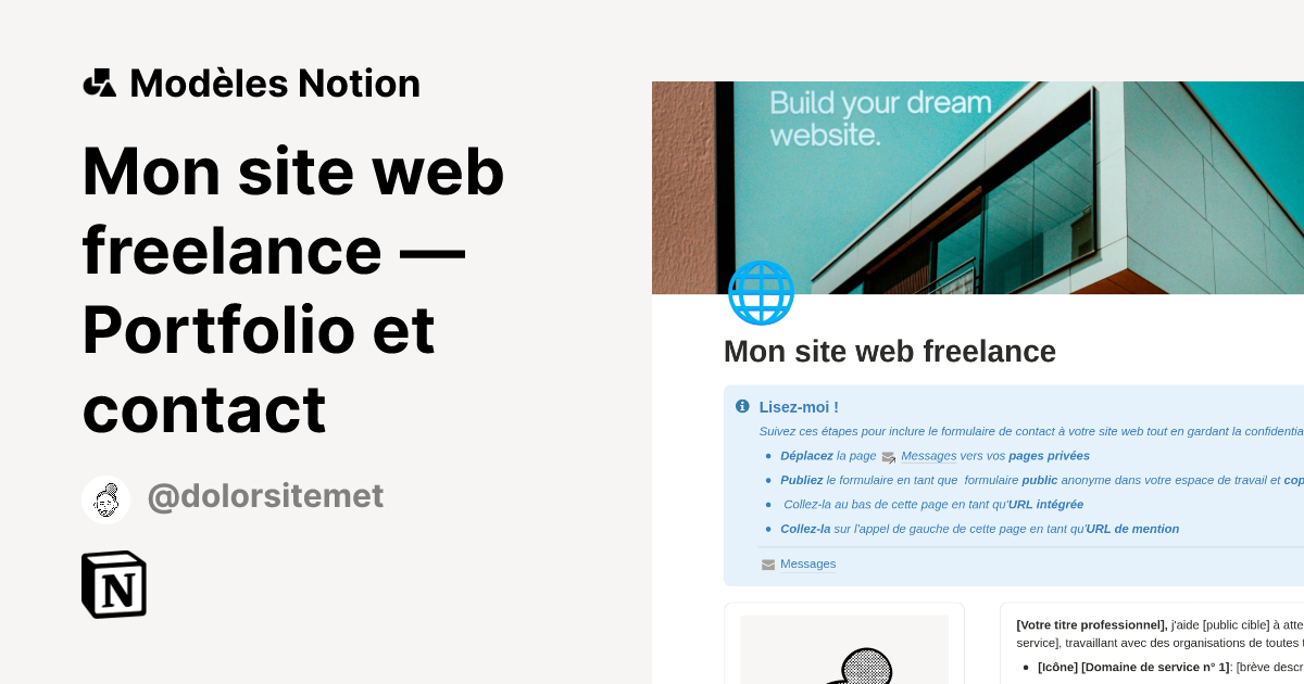 Modèle Mon site web freelance — Portfolio et contact | Marketplace Notion