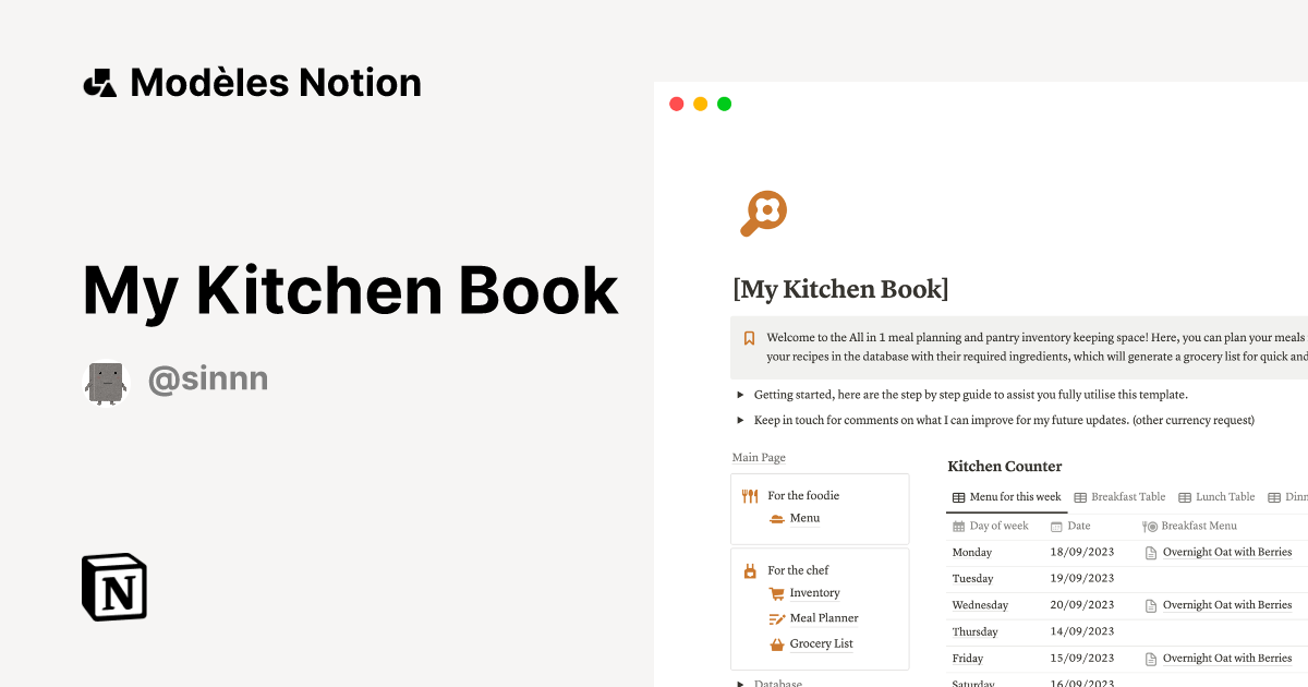 Modèle My Kitchen Book | Marketplace Notion
