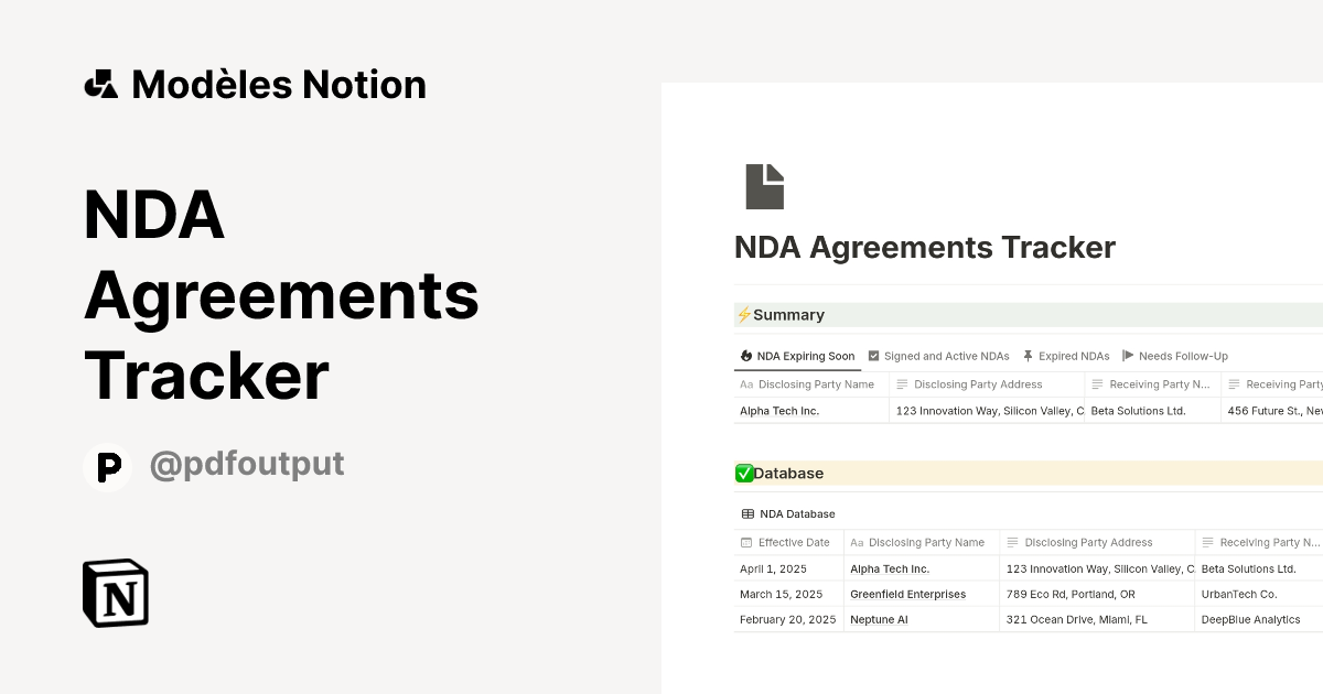Modèle NDA Agreements Tracker | Marketplace Notion