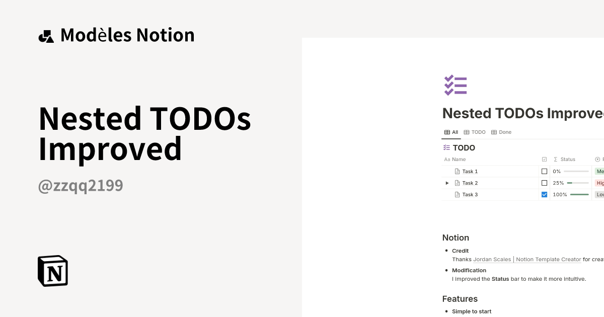 Nested TODOs Improved | Modèle créé par Nested TODOs Improved | Marketplace Notion