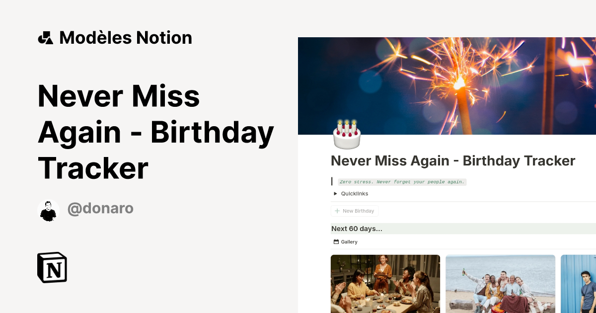 Never Miss Again - Birthday Tracker | Modèle créé par Save the Click | Marketplace Notion