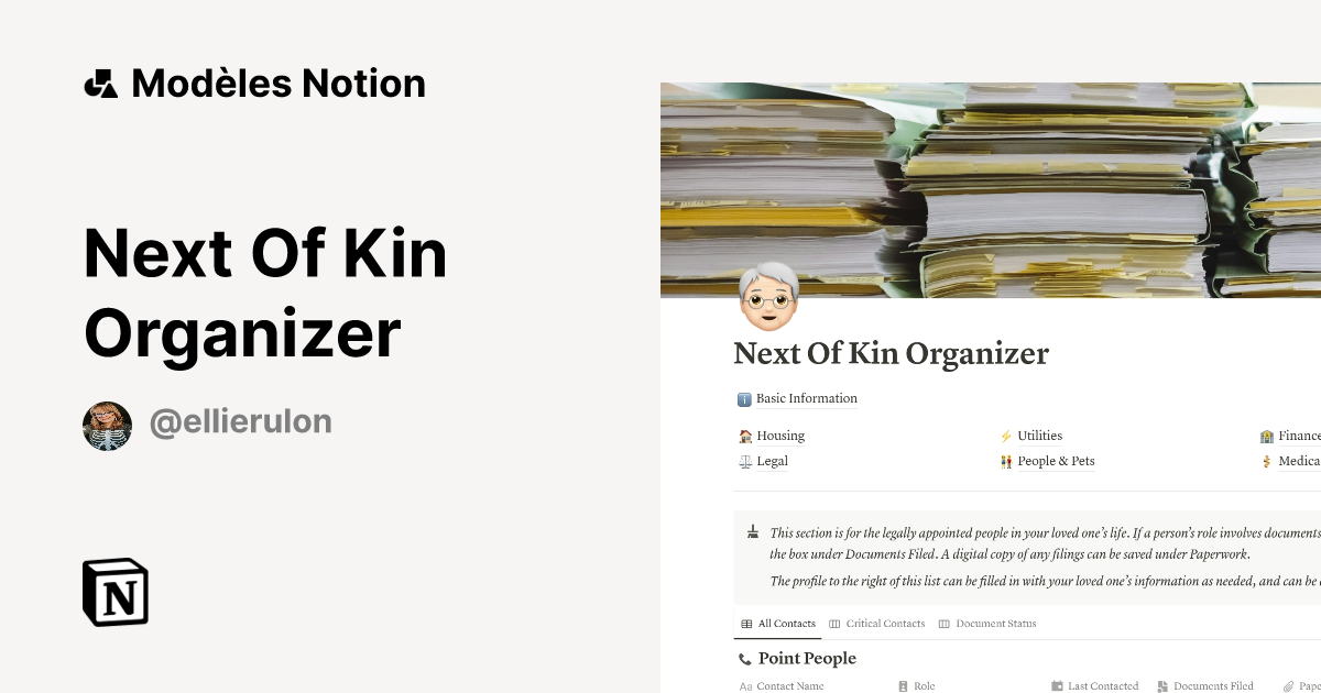 Next Of Kin Organizer | Modèle créé par Ellie | Marketplace Notion