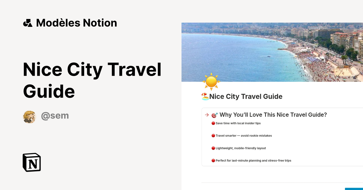 Modèle Nice City Travel Guide | Marketplace Notion