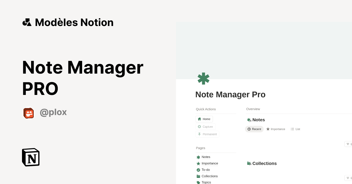 Note Manager PRO | Modèle créé par Plox | Marketplace Notion