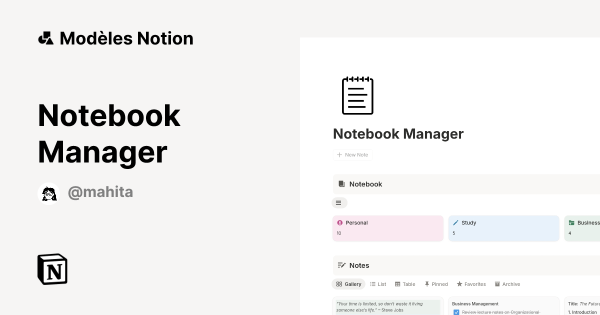 Notebook Manager | Modèle créé par Mahita | Marketplace Notion