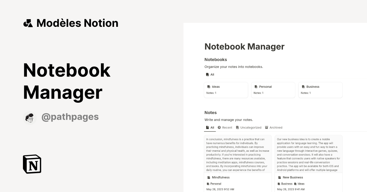 Notebook Manager | Modèle créé par Pathpages | Marketplace Notion