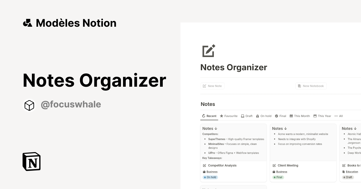 Notes Organizer | Modèle créé par FocusWhale | Marketplace Notion
