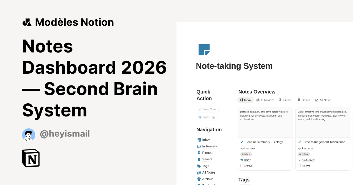 Modèle Notes Dashboard 2026 — Second Brain System | Marketplace Notion