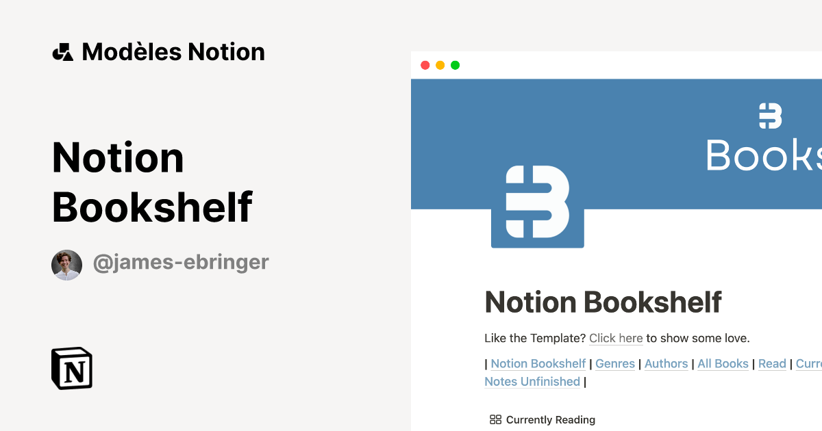 Notion Bookshelf | Modèle créé par James Ebringer | Marketplace Notion