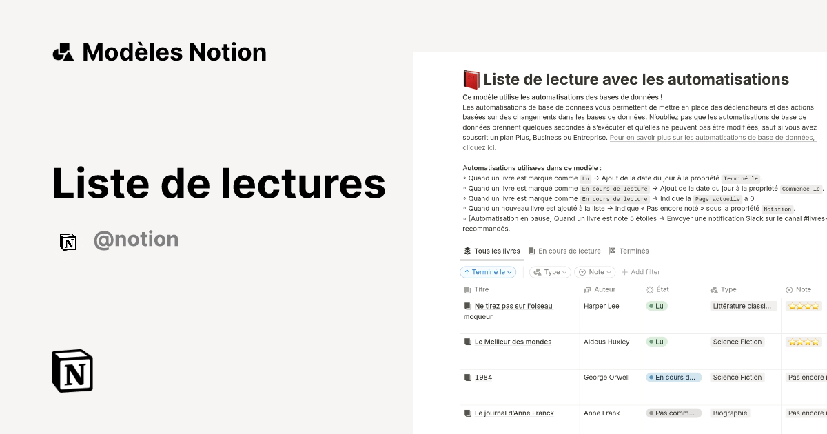 Liste de lectures | Modèle créé par Notion | Marketplace Notion
