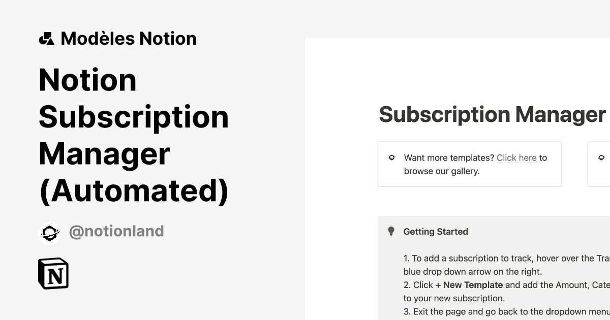 Notion Subscription Manager (Automated) | Modèle créé par Notionland ...