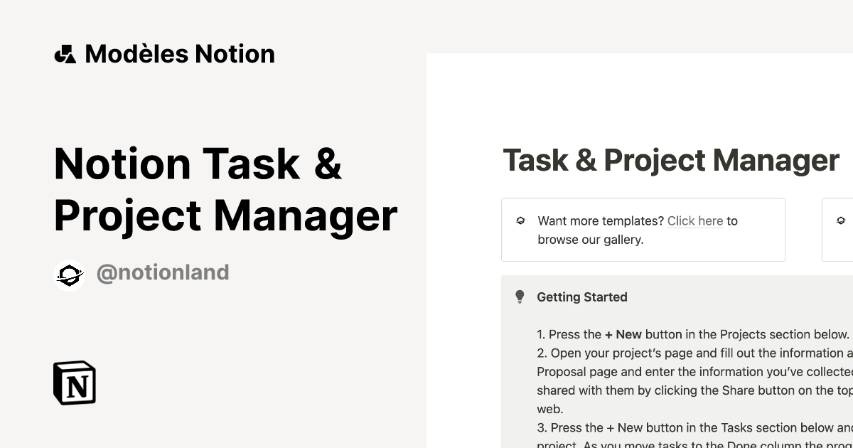 Notion Task & Project Manager | Modèle créé par Notionland ...