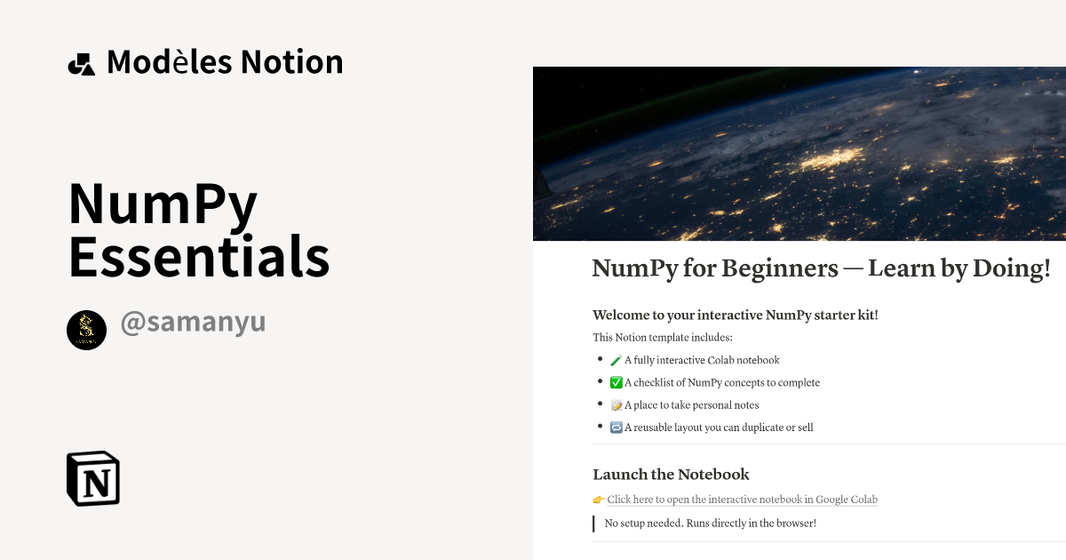 NumPy Essentials | Modèle créé par Sam | Marketplace Notion