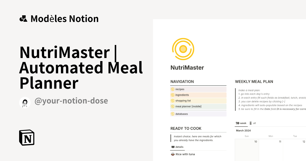 NutriMaster | Automated Meal Planner | Modèle créé par Your Notion Dose ...