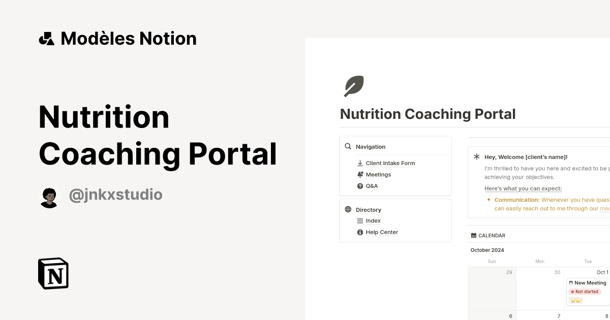 Nutrition Coaching Portal | Modèle créé par JNK Studio | Marketplace Notion