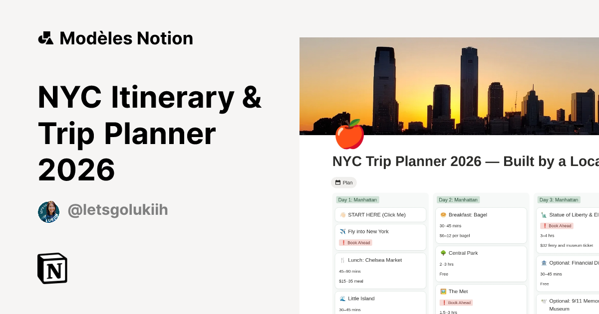 Modèle NYC Itinerary & Trip Planner 2026 | Marketplace Notion