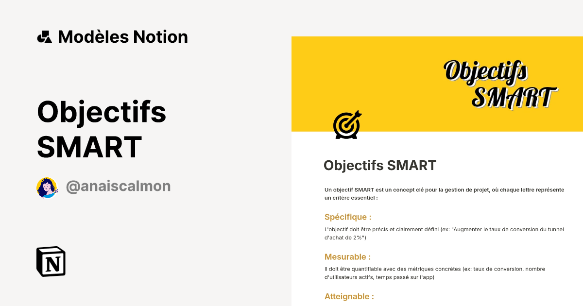 Objectifs SMART | Modèle créé par Templates Design | Marketplace Notion