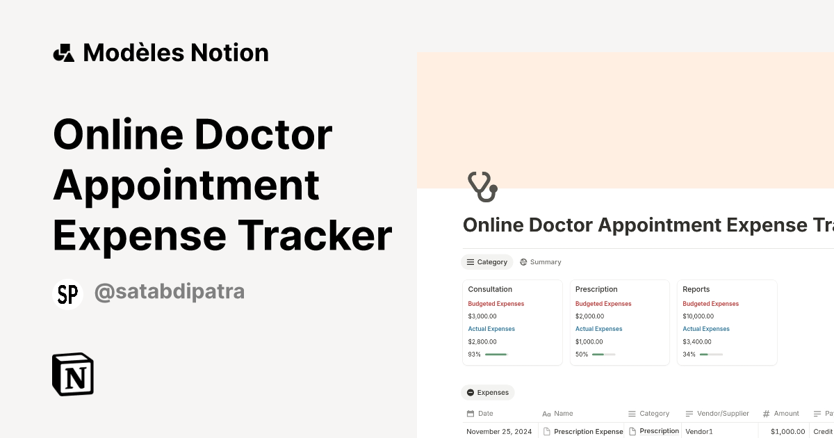 Modèle Online Doctor Appointment Expense Tracker | Marketplace Notion