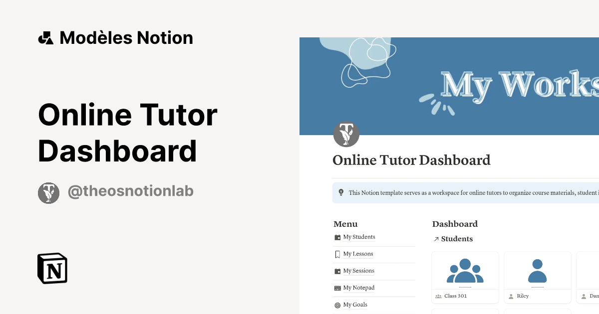 Modèle Online Tutor Dashboard | Marketplace Notion