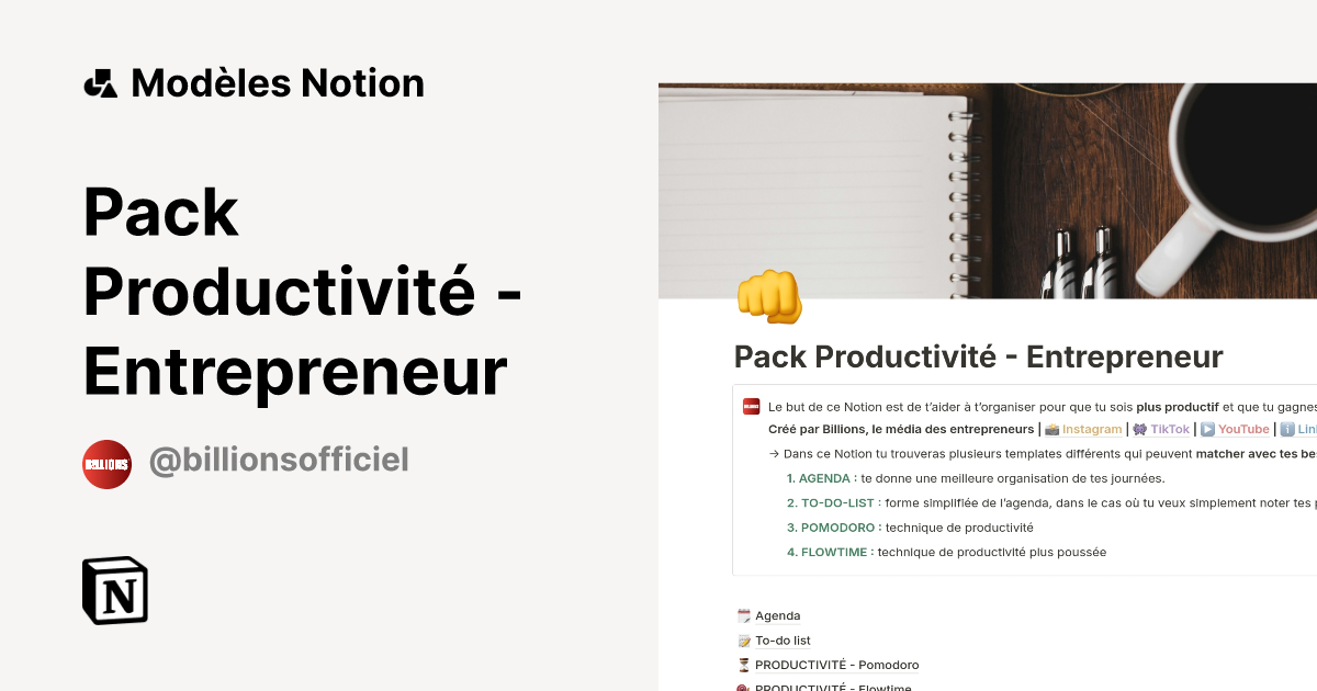 Modèle Pack Productivité - Entrepreneur | Marketplace Notion