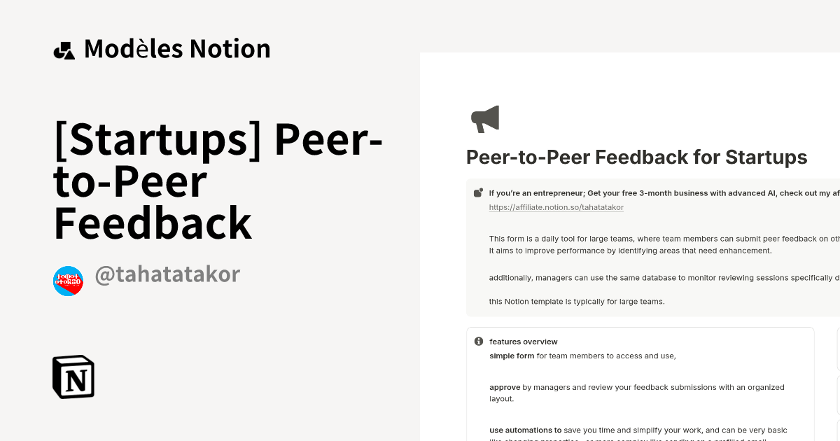 Modèle [Startups] Peer-to-Peer Feedback | Marketplace Notion