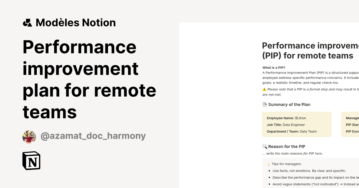 Modèle Performance improvement plan for remote teams | Marketplace Notion
