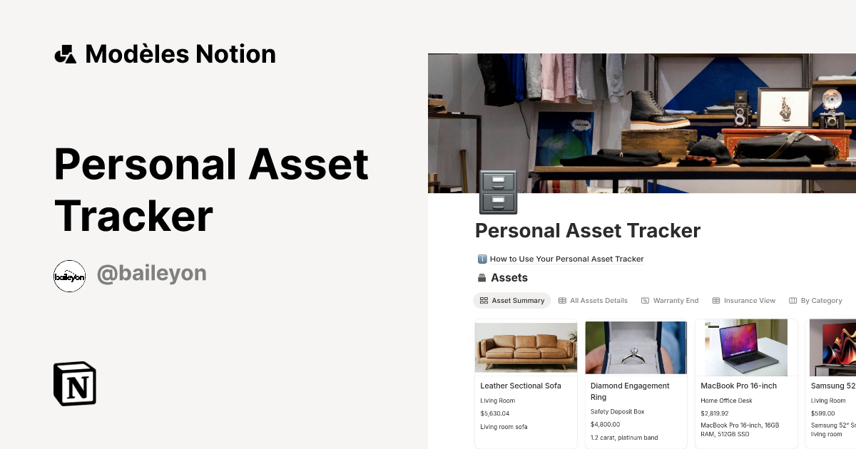 Personal Asset Tracker | Modèle créé par baileyon | Marketplace Notion