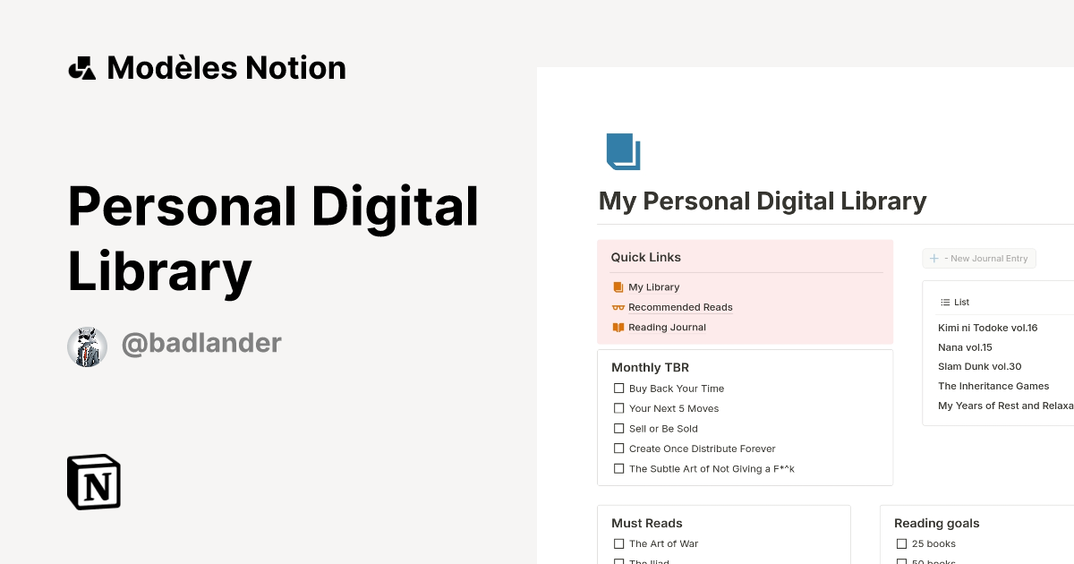 Modèle Personal Digital Library | Marketplace Notion