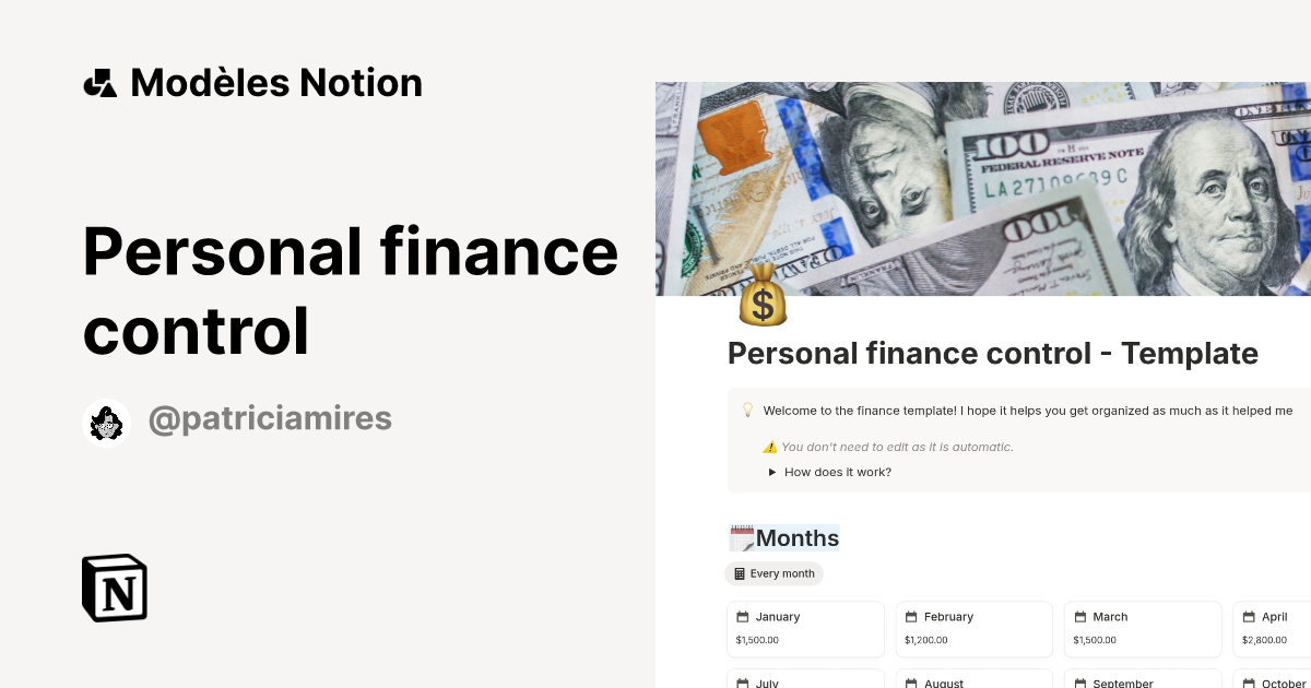 Personal finance control | Modèle créé par Patricia Mires | Marketplace Notion