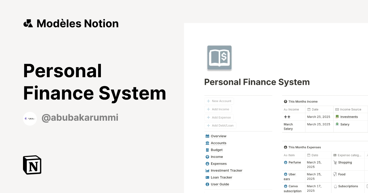 Personal Finance System | Modèle créé par MyHueDesigns | Marketplace Notion
