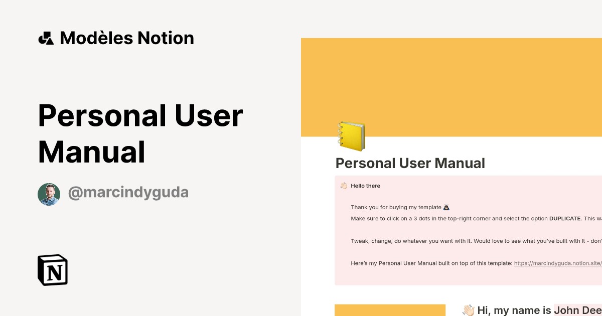 Personal User Manual | Modèle créé par Marcin Dyguda | Marketplace Notion
