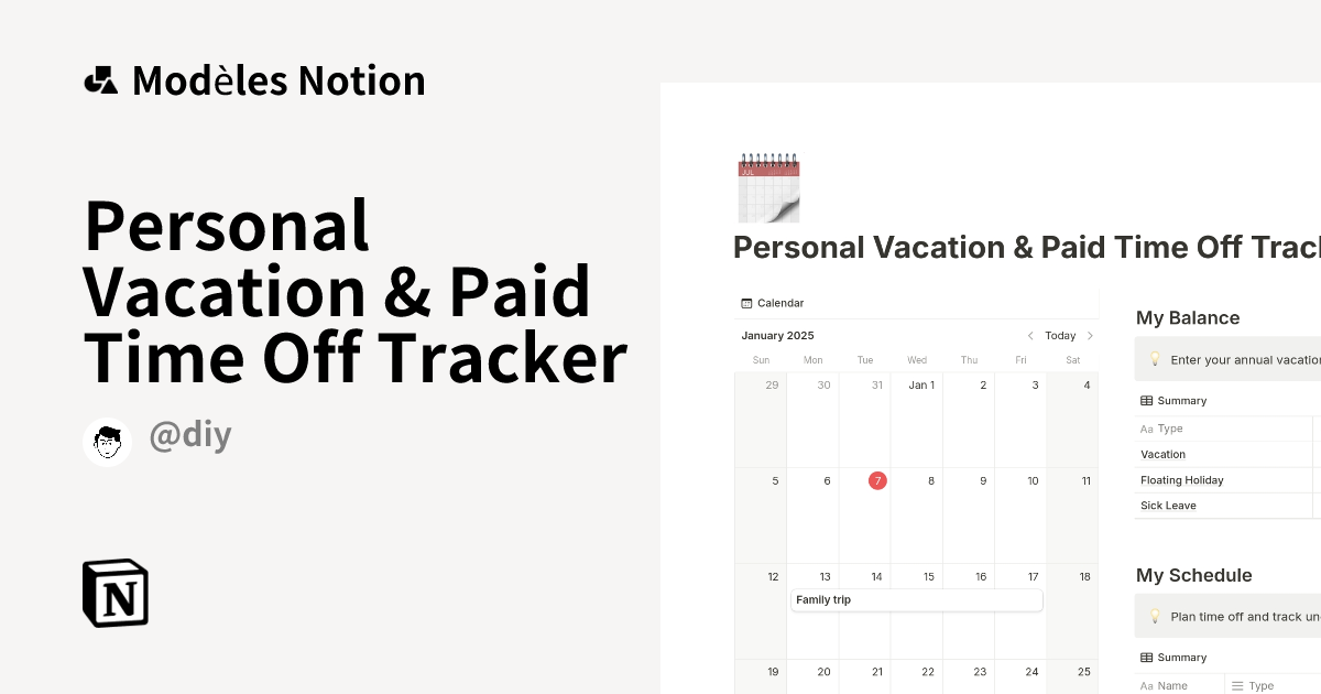 Modèle Personal Vacation & Paid Time Off Tracker | Marketplace Notion