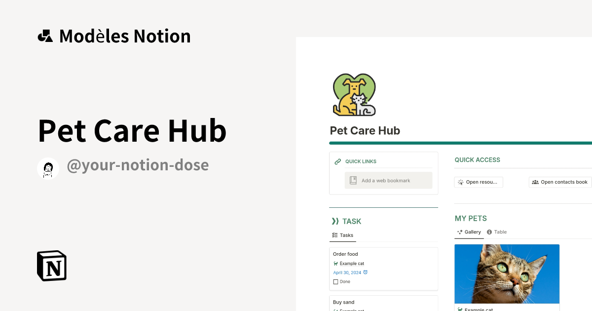 Pet Care Hub | Modèle créé par Your Notion Dose | Marketplace Notion