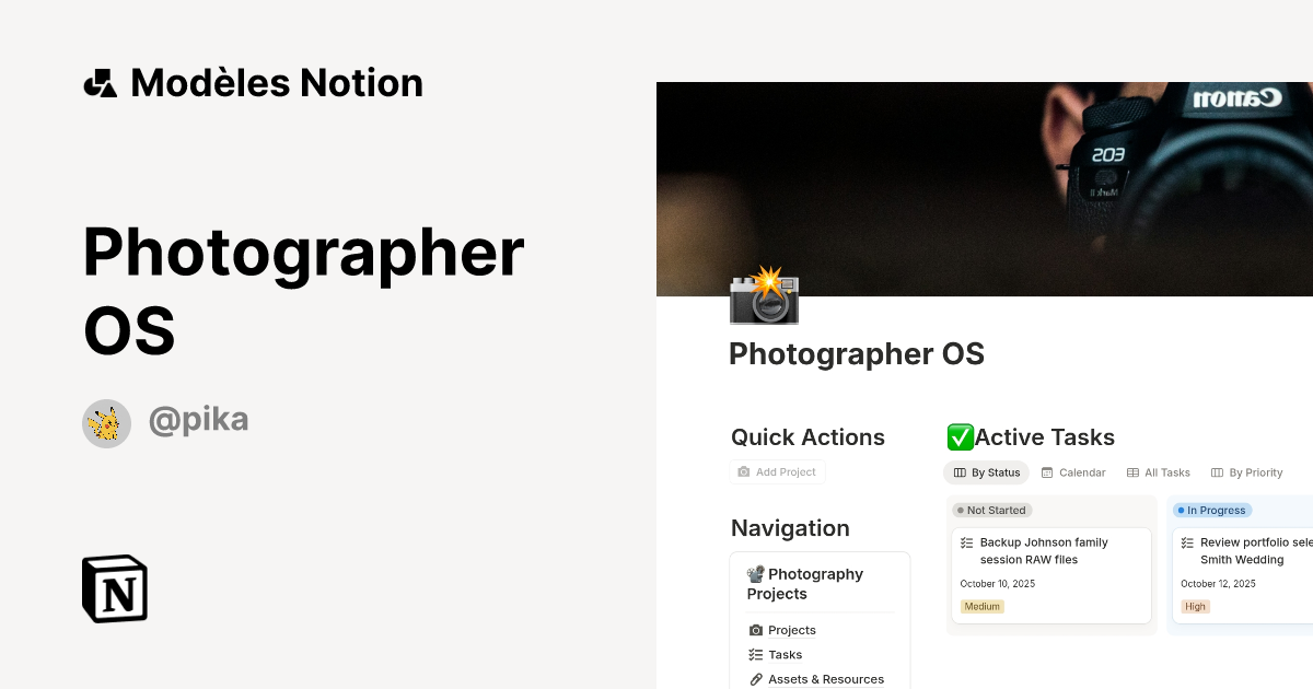 Photographer OS | Modèle créé par Pika | Marketplace Notion