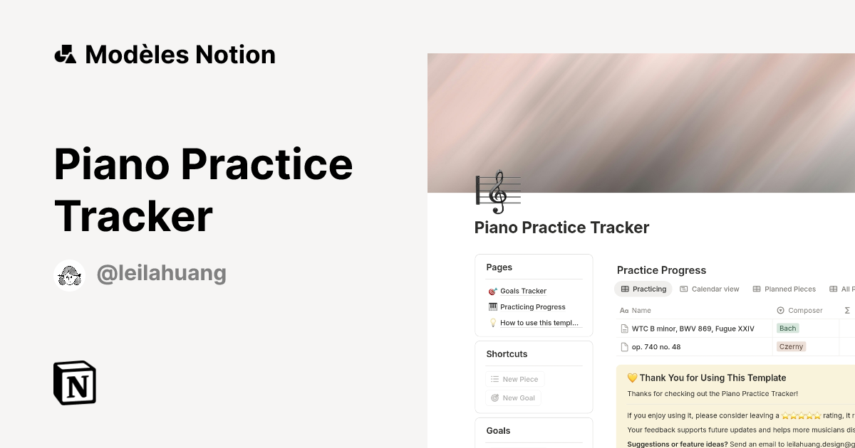 Piano Practice Tracker | Modèle créé par Leila Huang | Marketplace Notion
