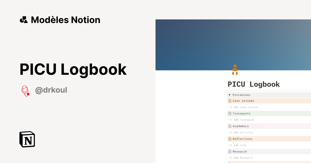 PICU Logbook | Modèle créé par PICU logbook | Marketplace Notion