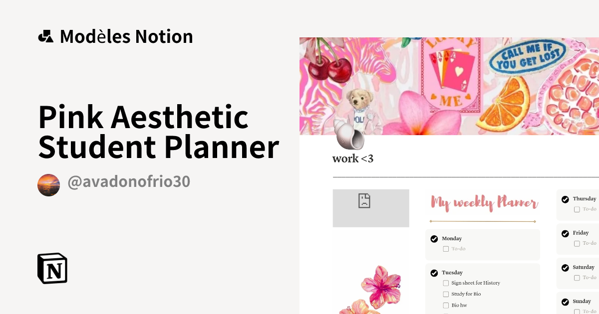 Pink Aesthetic Student Planner | Modèle créé par Ava D'Onofrio ...