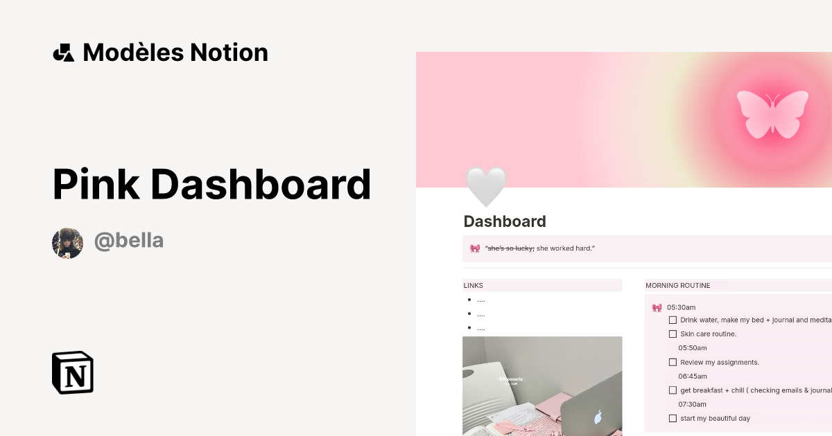 Pink Dashboard | Modèle créé par Bella | Marketplace Notion