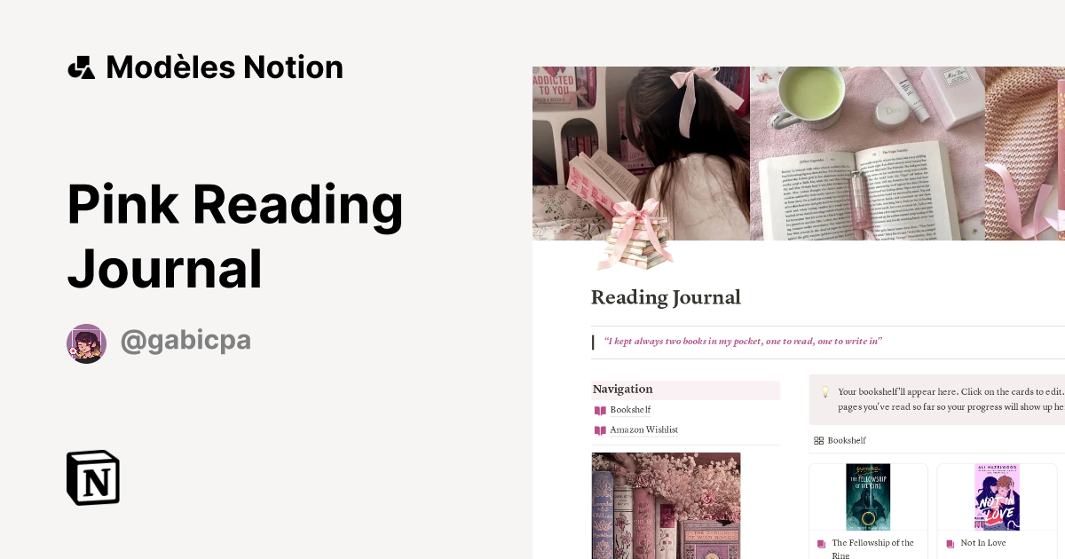 Pink Reading Journal | Modèle créé par Gabi | Marketplace Notion