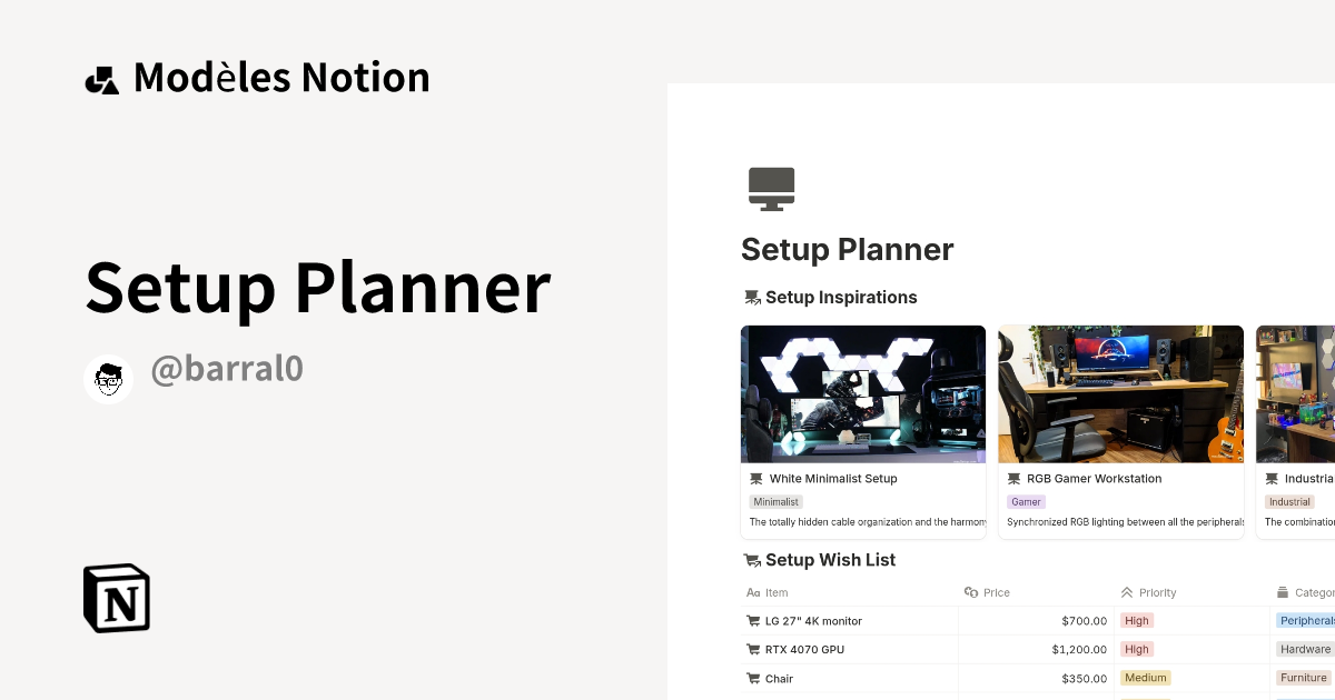 Planejador de Setup | Modèle créé par Filipe Barral | Marketplace Notion