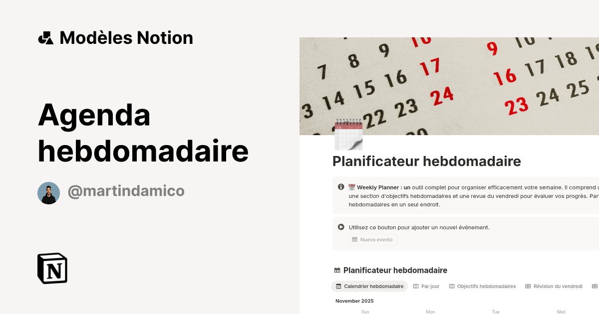 Planificador semanal | Modèle créé par Martin D´Amico | Marketplace Notion