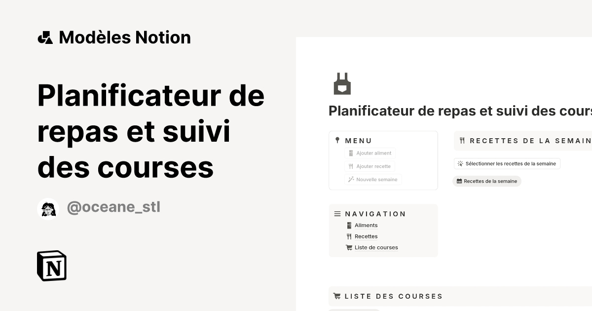 Planificateur de repas et suivi des courses | Modèle créé par Océane | Marketplace Notion