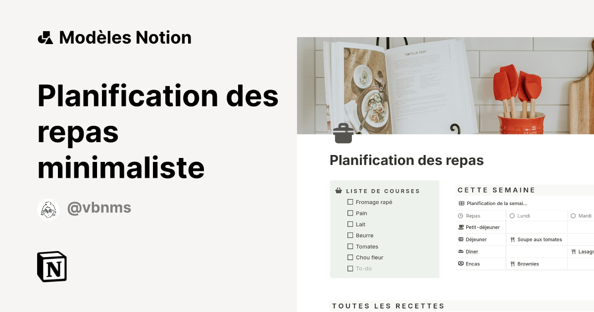Modèle Planification des repas minimaliste | Marketplace Notion