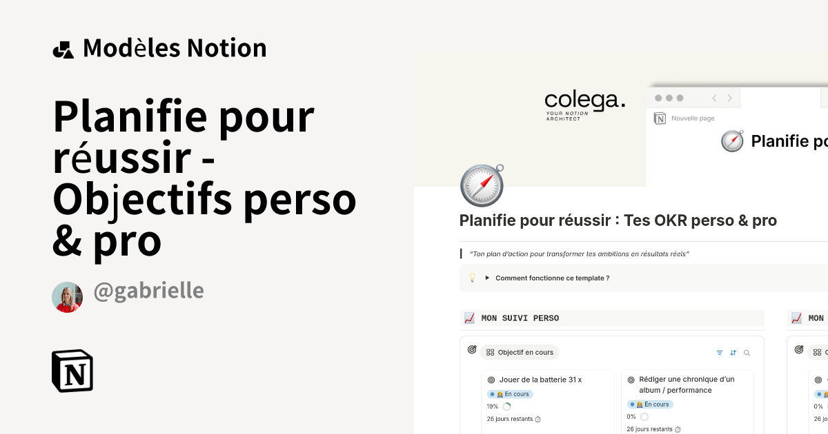 Modèle Planifie pour réussir - Objectifs perso & pro | Marketplace Notion