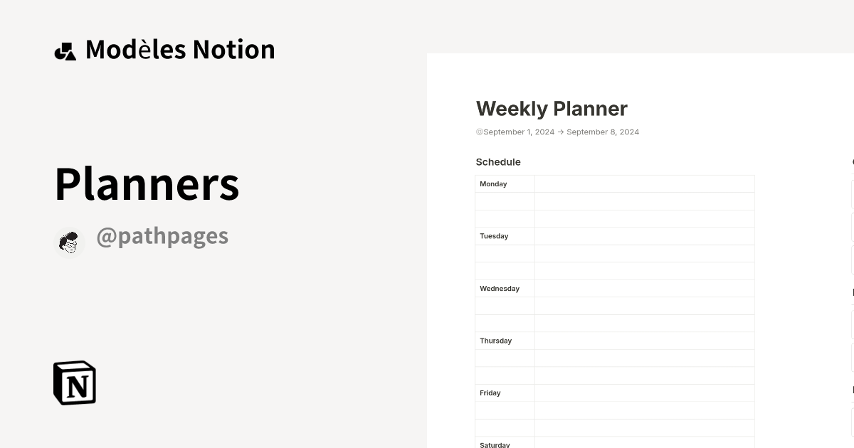 Planners | Modèle créé par Pathpages | Marketplace Notion