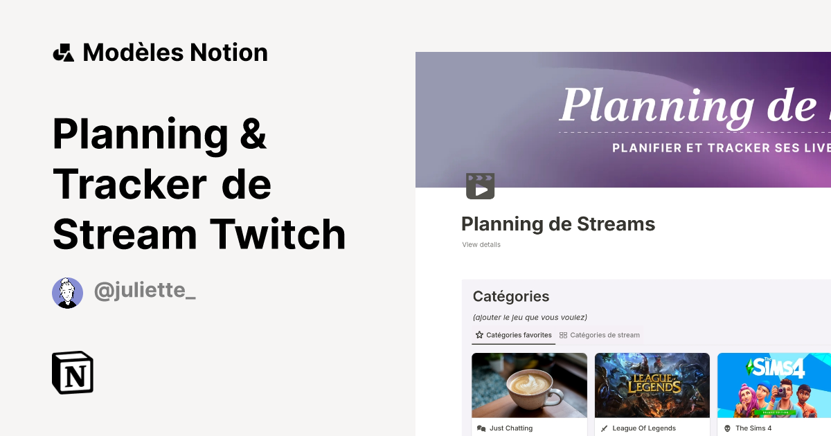 Planning & Tracker de Stream Twitch | Modèle créé par Juliette | Marketplace Notion