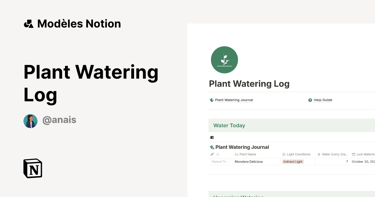 Plant Watering Log | Modèle créé par Anaïs | Marketplace Notion