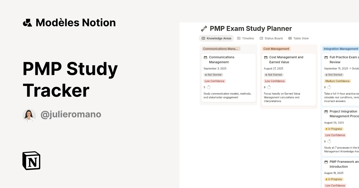 PMP Study Tracker | Modèle créé par Julie Romano | Marketplace Notion