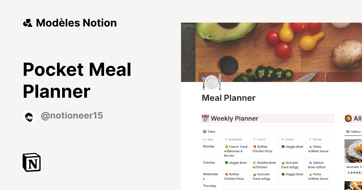 Pocket Meal Planner | Modèle créé par Jeremy Schilling | Marketplace Notion