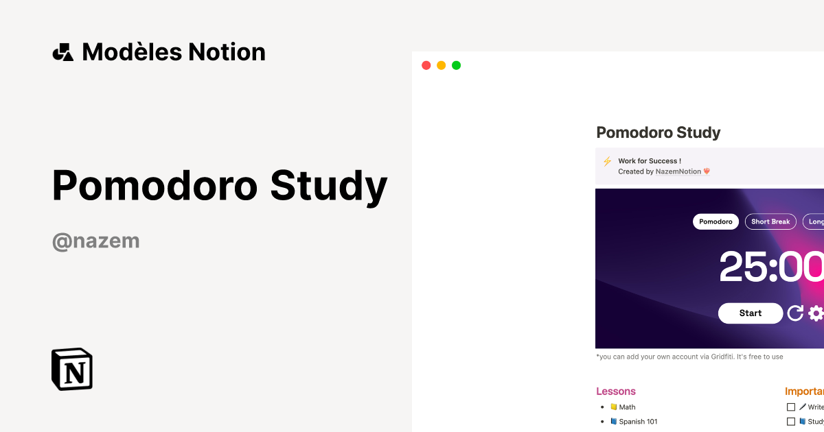 Modèle Pomodoro Study | Marketplace Notion